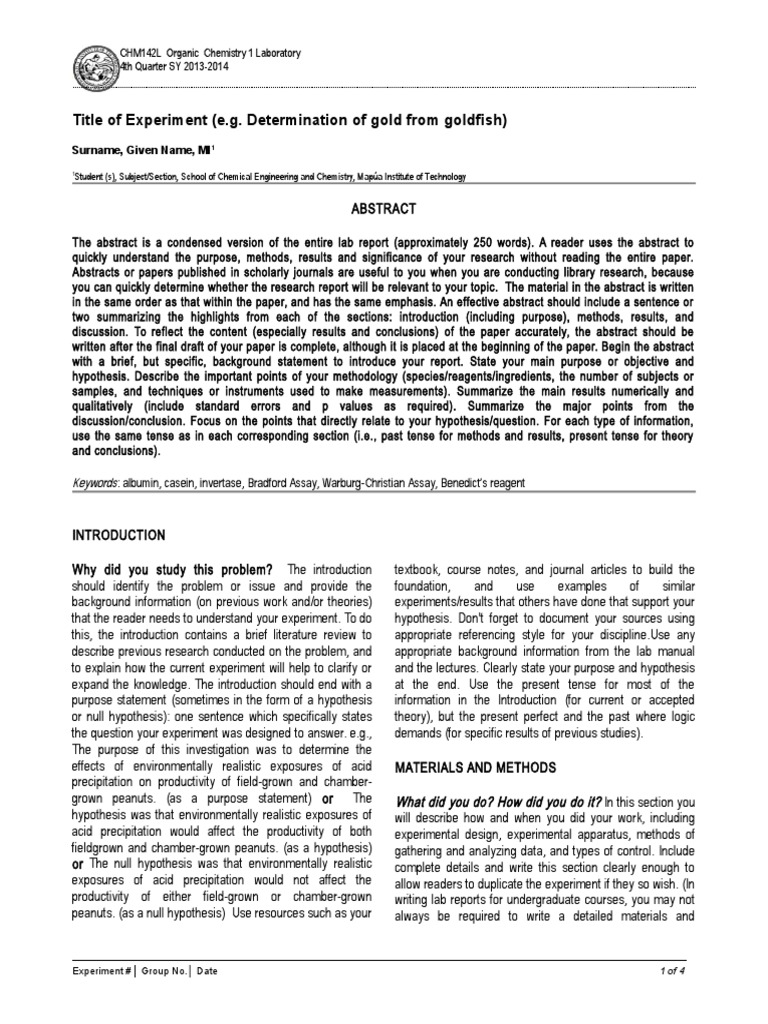 Title of Experiment (E.g. Determination of Gold From Goldfish) | PDF ...