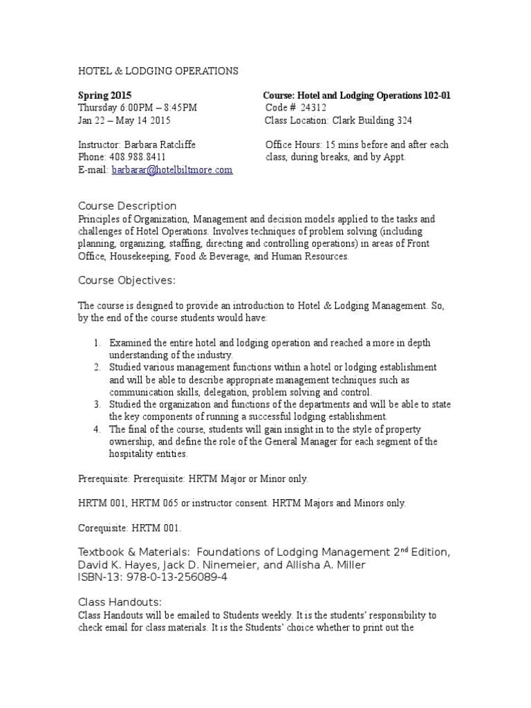 Spring 2015: Course: Hotel and Lodging Operations 102-01 | PDF ...