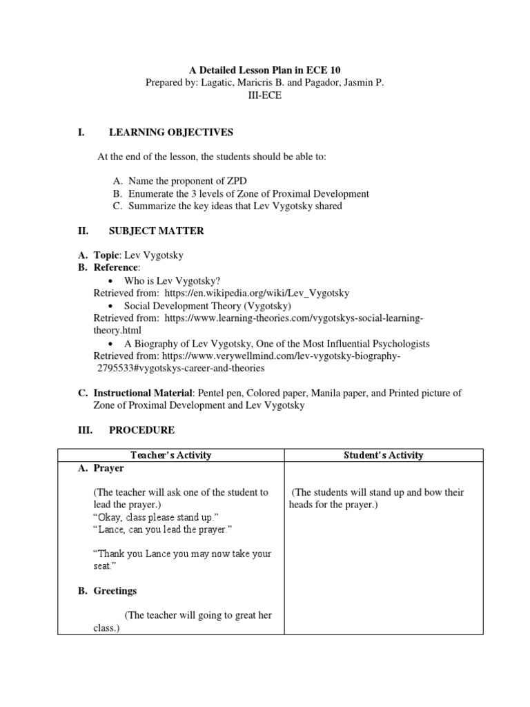 A Detailed Lesson Plan in ECE 10 | PDF | Neuropsychology | Action ...