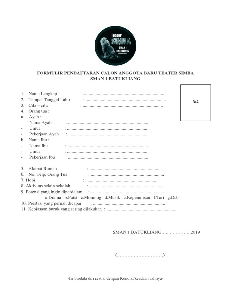 Formulir Pendaftaran Calon Anggota Baru Teater Simba | PDF Formulir Pendaftaran Calon Anggota Baru Teater Simba | PDF