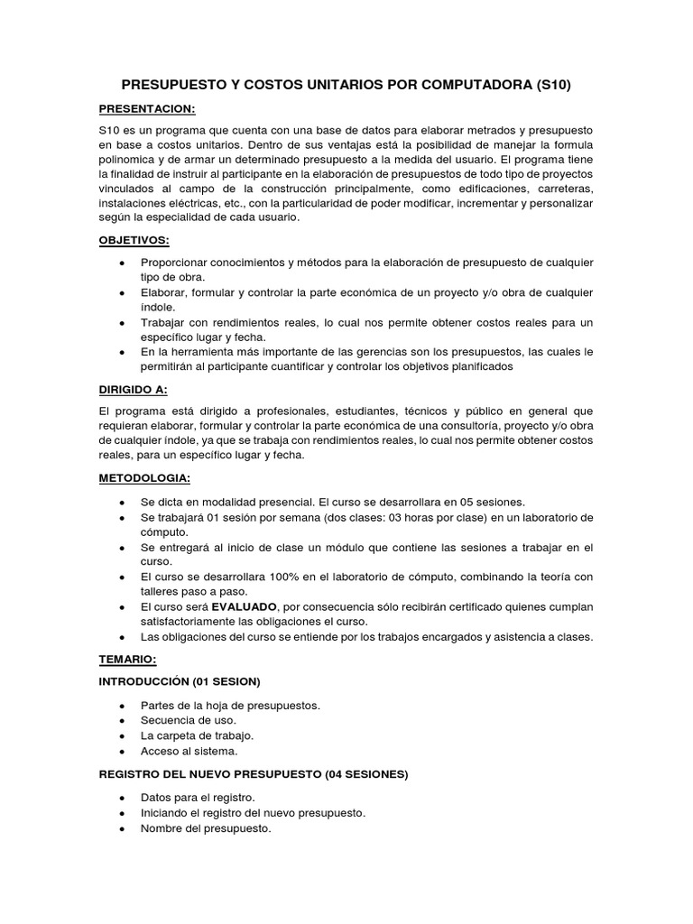 Temario S10 - Curso | PDF | Presupuesto | Programa de computadora