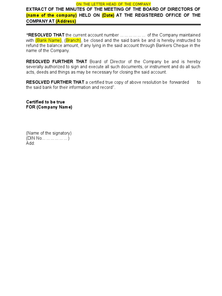 Board Resolution for Bank Account Closure | PDF
