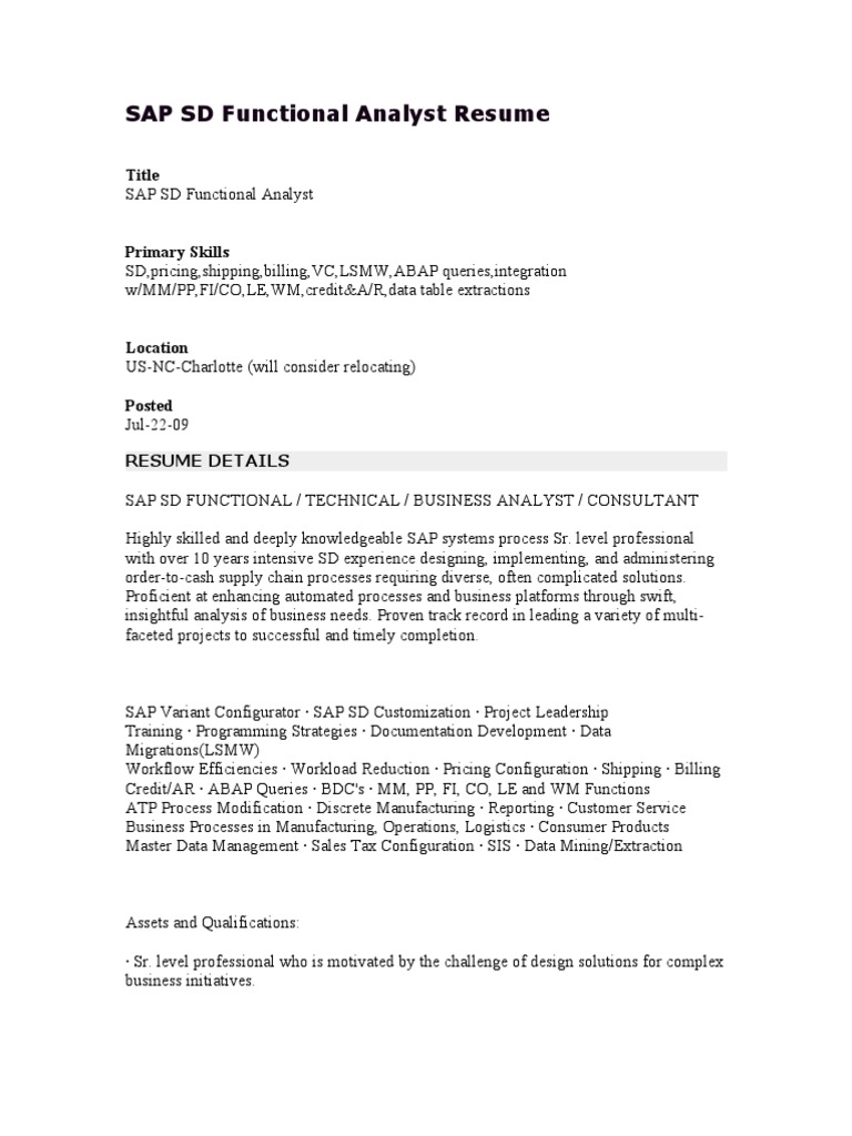 SAP SD Functional Analyst Resume | PDF | Business Process | Sales