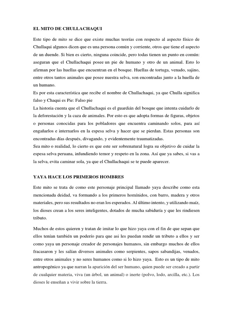 Mitos de Chullachaqui y Yaya en Perú | PDF | Selva | Homo Sapiens