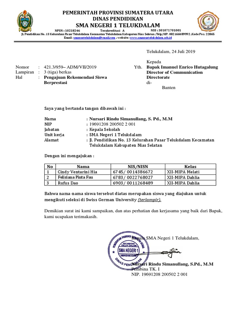 Surat Pengantar Rekomendasi Siswa Berprestasi 2019 Pdf