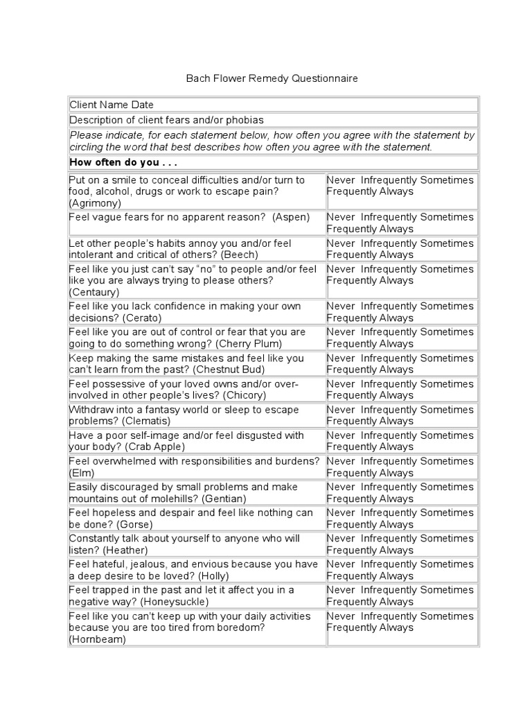 Bach Flower Remedies Questionnaire | PDF | Fear | Bach Flower Remedies