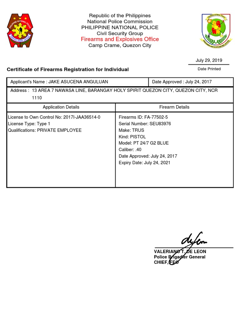 Firearms and Explosives Office: Certificate of Firearms Registration ...