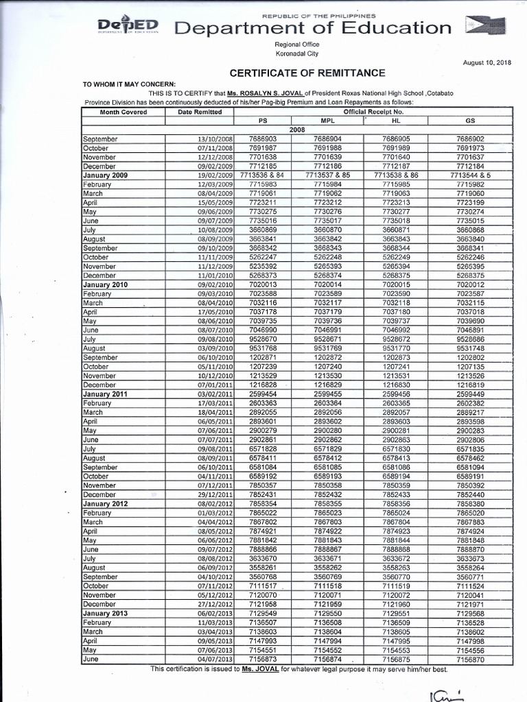 Certificate of Pag-ibig Remittance | PDF