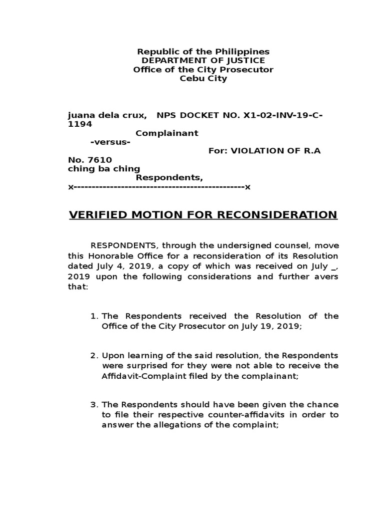 Motion For Reconsideration Cebu City - Odt | PDF | Affidavit | Courts