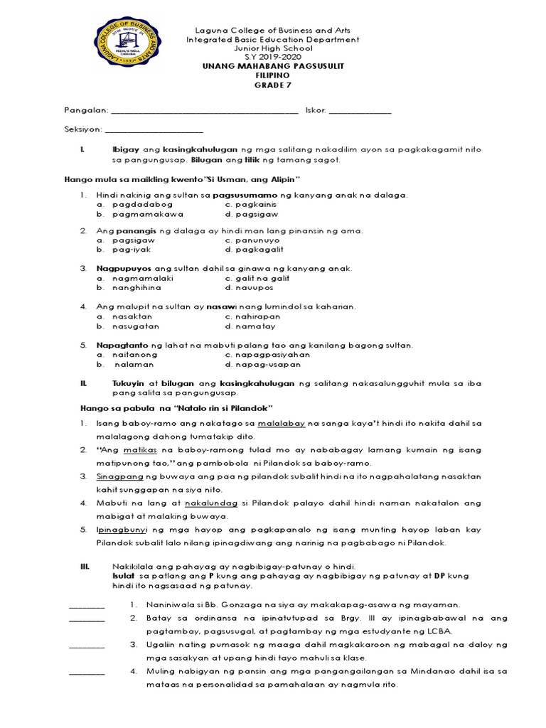 Filipino 7 Sample Exam | PDF