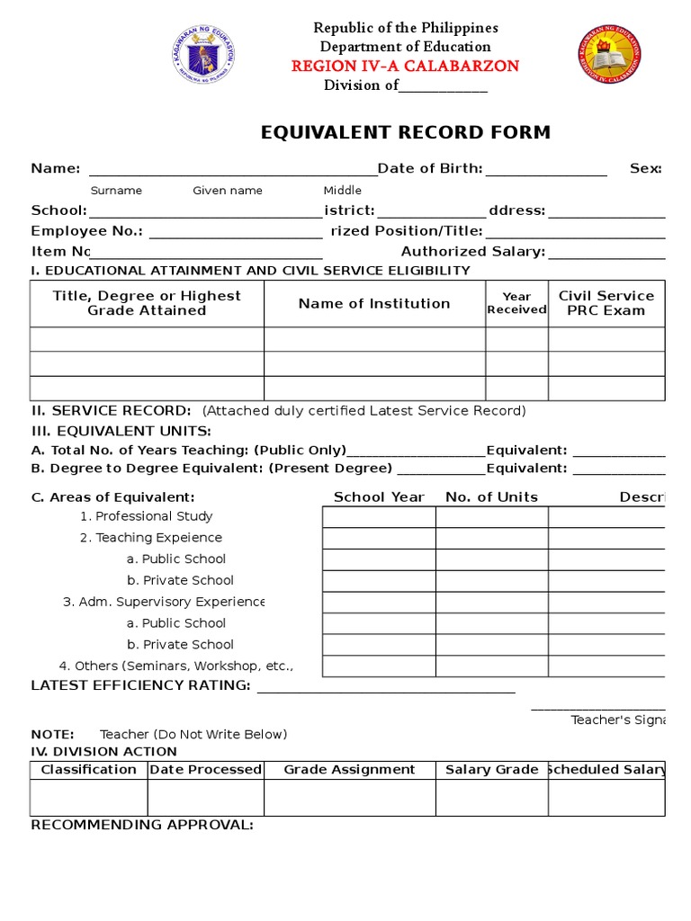 Equivalent Record Form: Region Iv-A Calabarzon | PDF | Learning | Behavior Modification