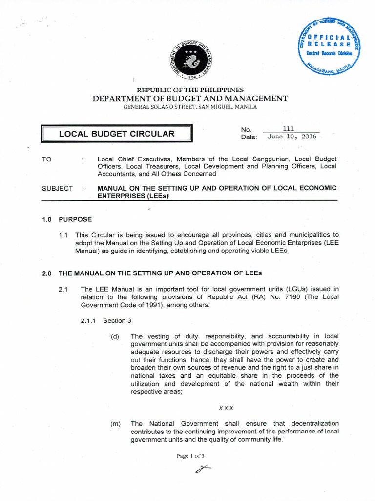 Local Budget Circular No. 111 - Manual On The Setting Up and Operation ...