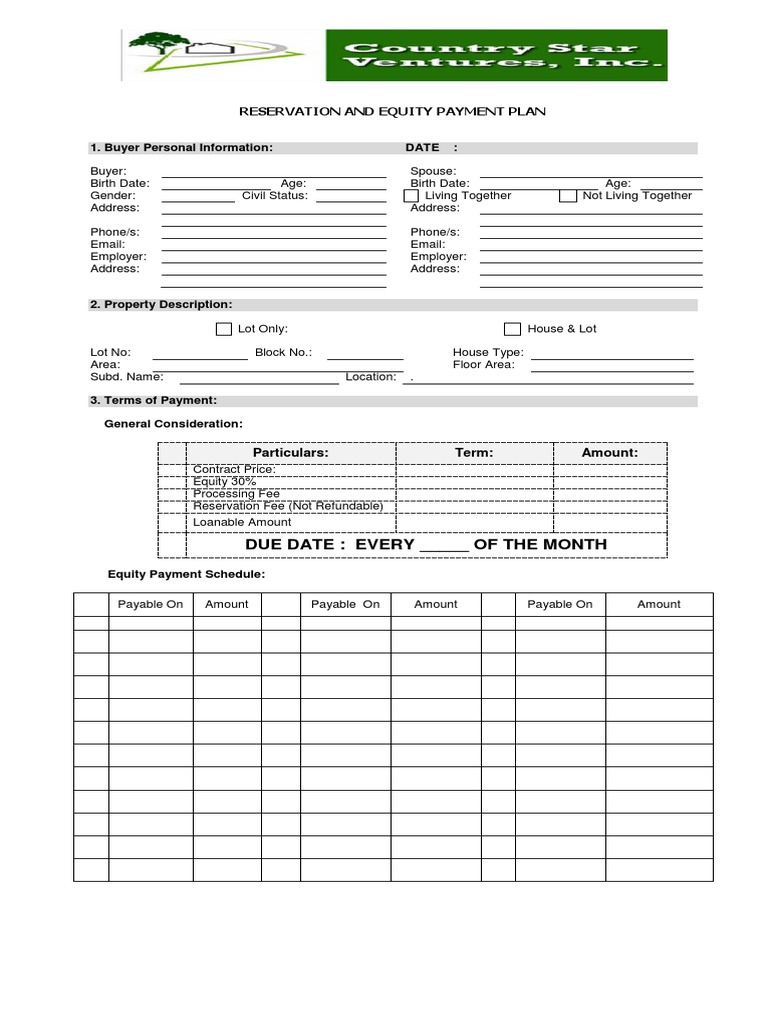 Reservation and Equity Form | PDF | Fee | Payments