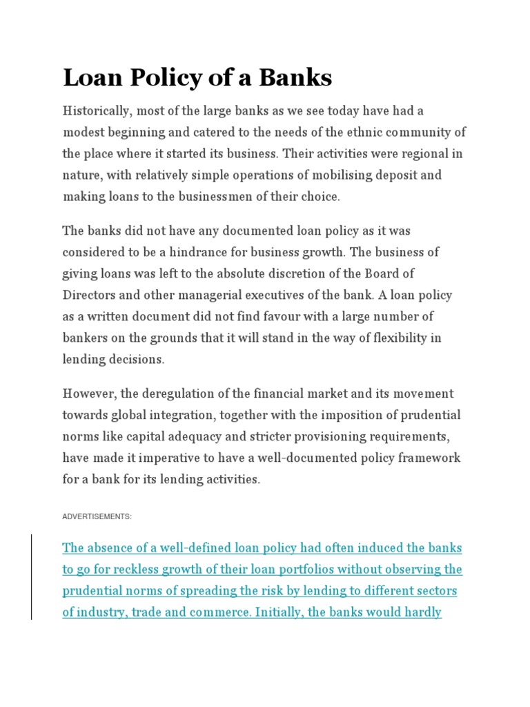 Loan Policy of A Banks | PDF | Banks | Loans