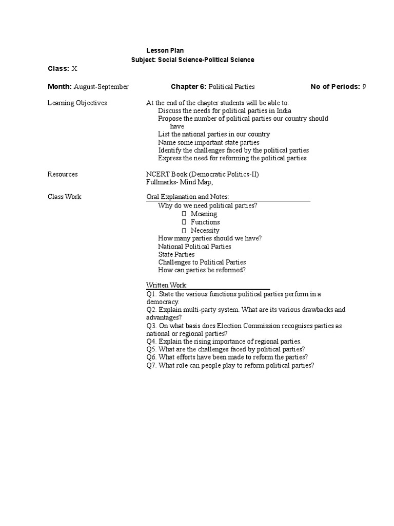 Lesson Plan Subject: Social Science-Political Science Class: X Month ...