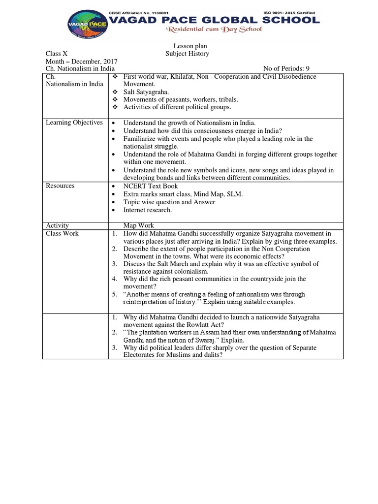 Lesson Plan: Nationalism in India Class 10 | PDF | Mahatma Gandhi ...