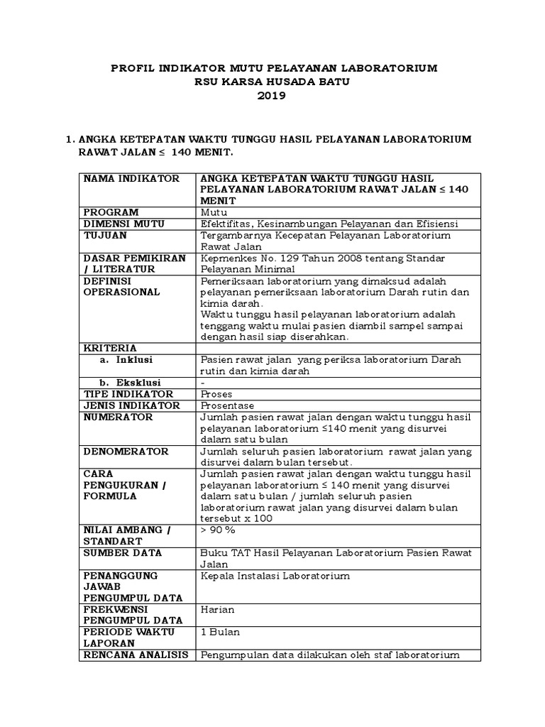 Profile Indikator Mutu Pelayanan Laboratorium | PDF