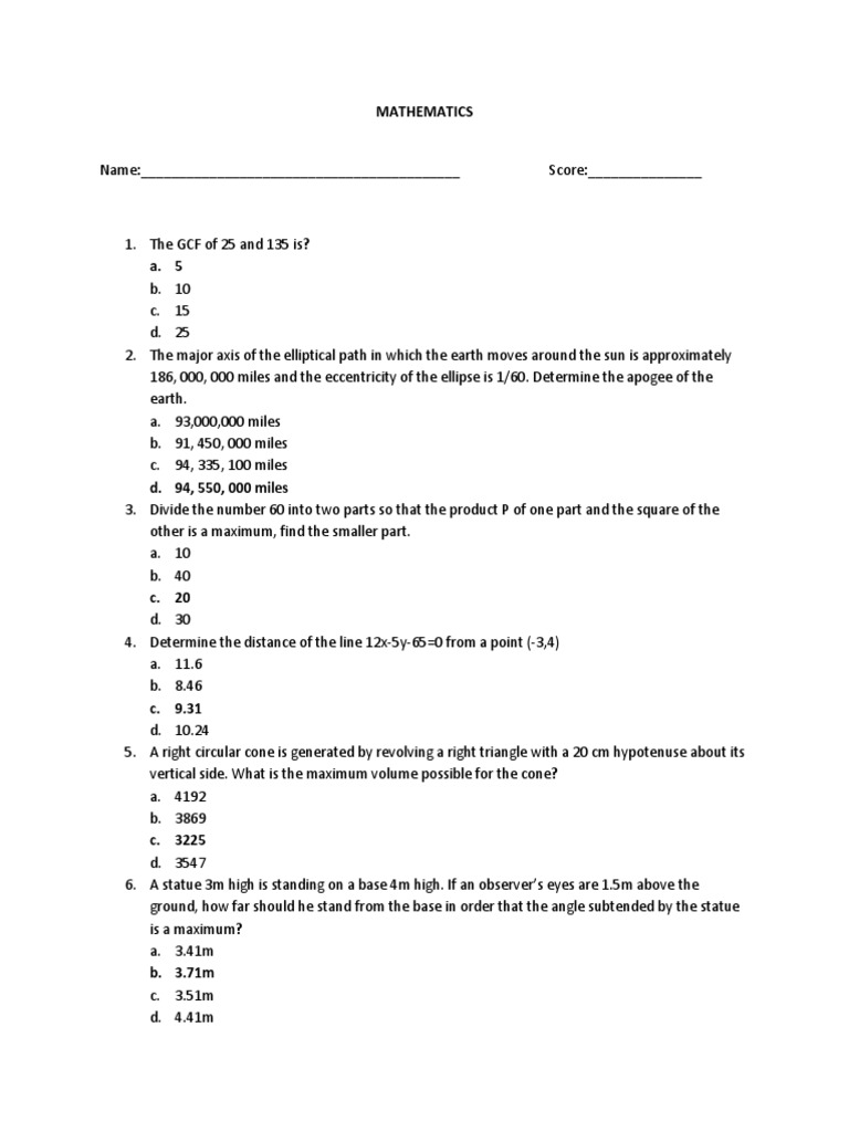 Math Answer Key | PDF | Ellipse | Geometry