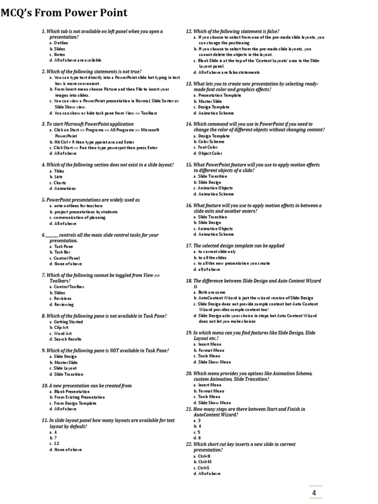 PowerPoint MCQ Bank PDF | PDF | Microsoft Power Point | Page Layout