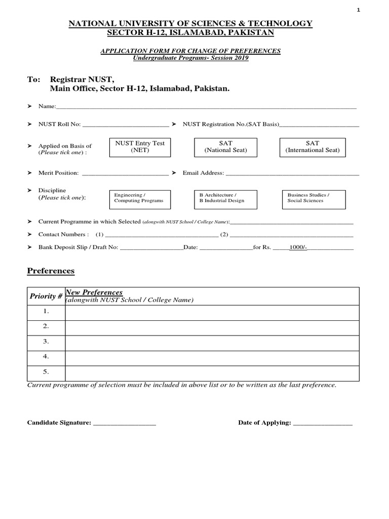 NUST Change of Preference Form | PDF | Business