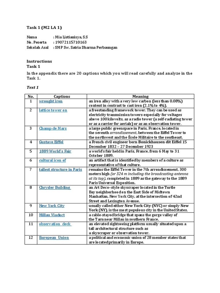 Task 1 (M2 LA 1) : in The Appendix There Are 20 Captions Which You Will Read Carefully and ...