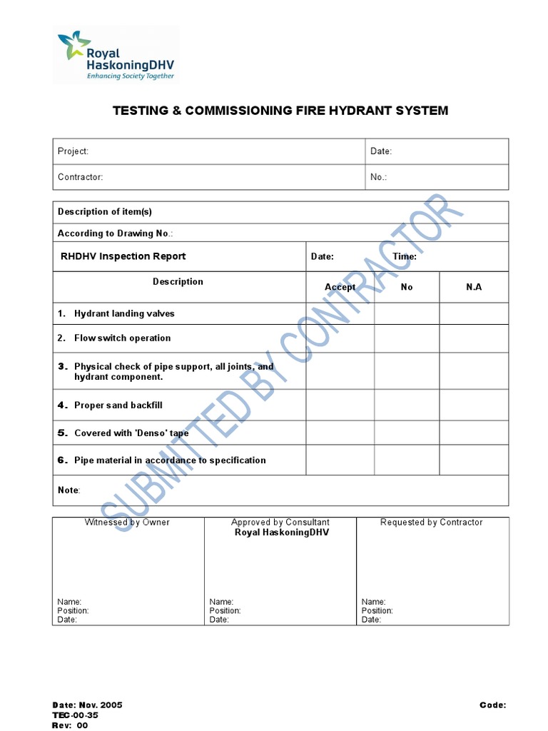 Testing & Commissioning Fire Hydrant System: Project: Date: Contractor ...