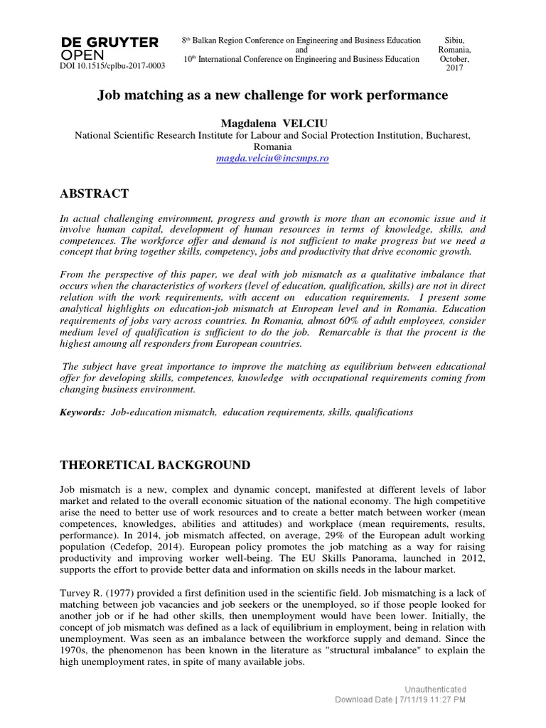 Job Matching As A New Challenge For Work Performance: Magdalena VELCIU ...