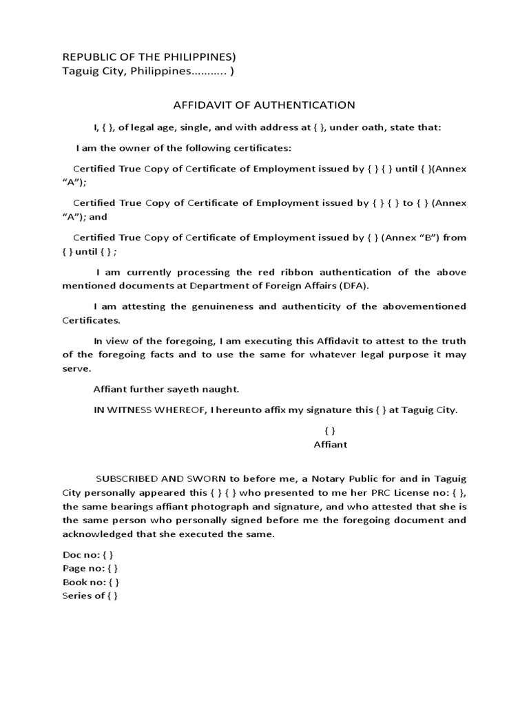 Affidavit of Authentication Sample | PDF | Law