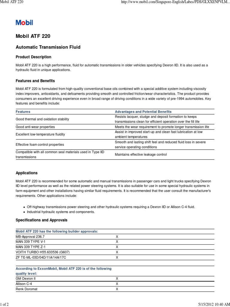 Mobil ATF 220: Automatic Transmission Fluid | PDF | Mechanical ...