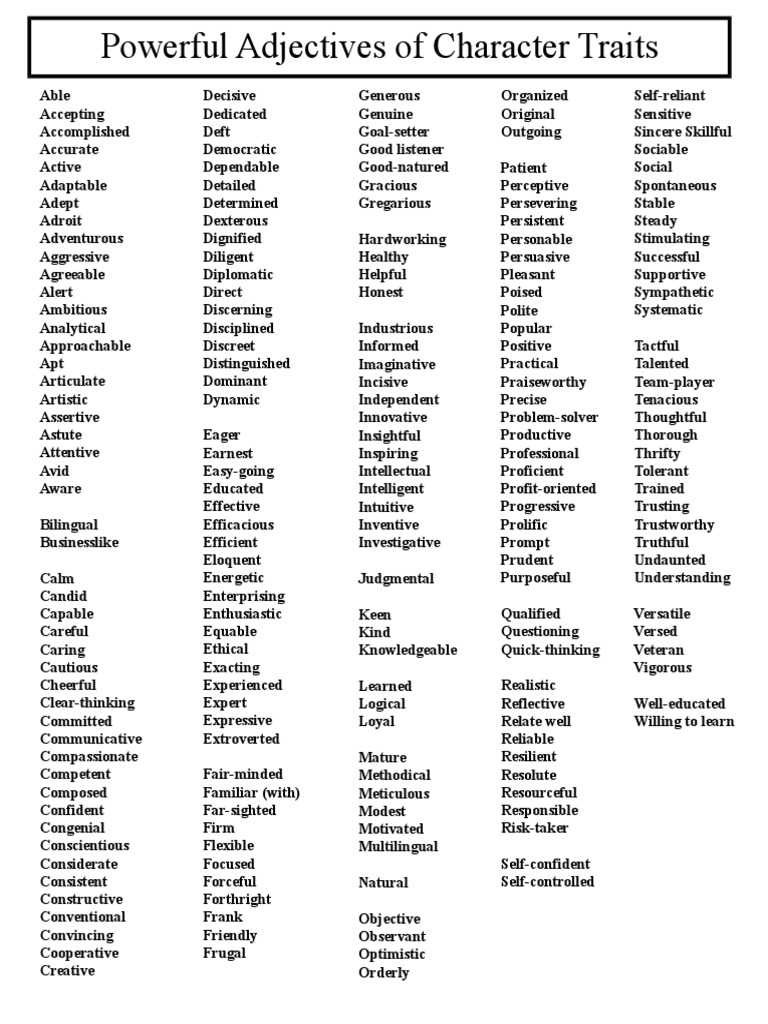 Powerful Adjectives of Character Traits | PDF | Behavioural Sciences ...