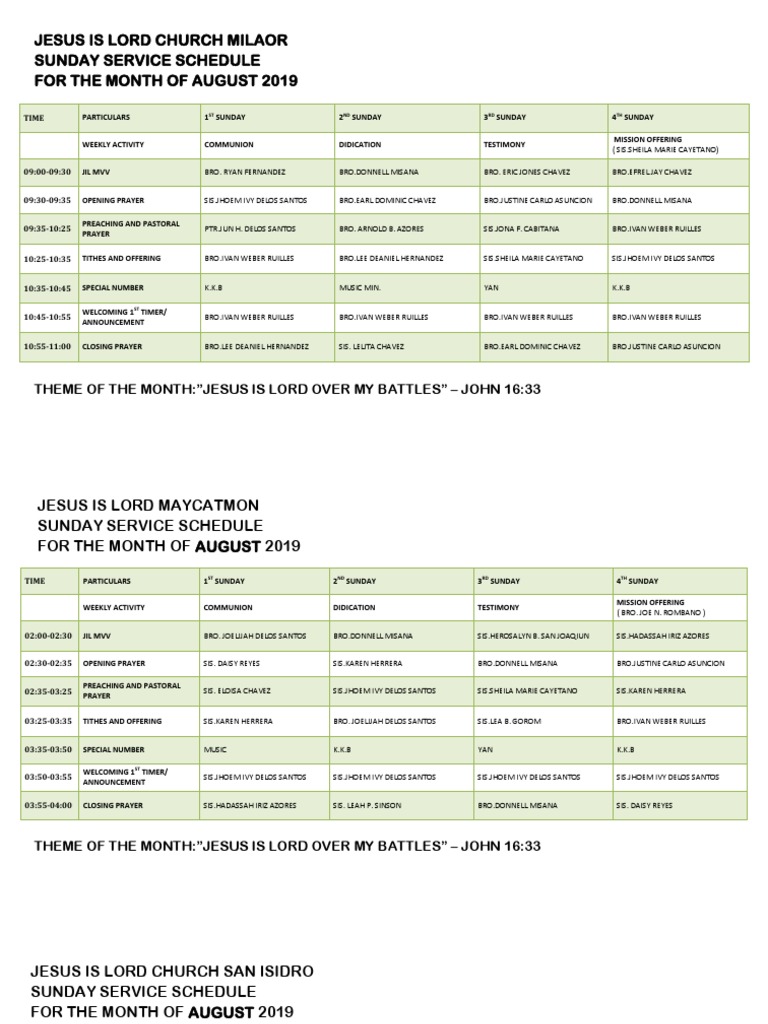 Jesus Is Lord Church Milaor Sunday Service Schedule For The Month of ...