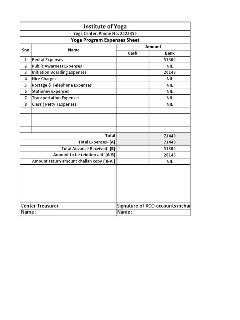 Institute of Yoga: Yoga Program Expenses Sheet | PDF