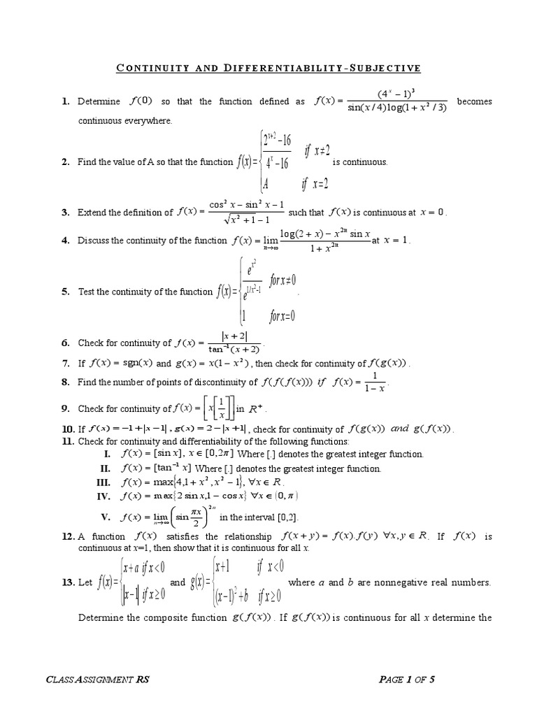 Continuity And Differentiability Pdf Continuous Function Function Mathematics 