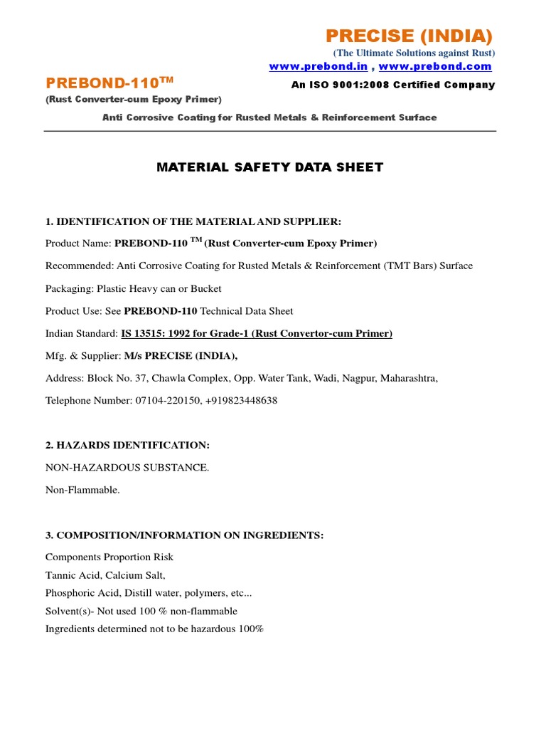 Prebond-110 MSDS | PDF | Dangerous Goods | Personal Protective Equipment