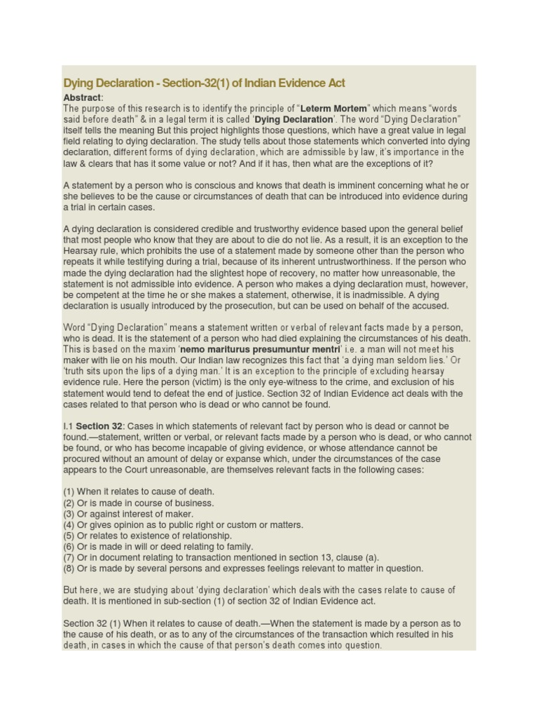 Dying Declaration - Section-32 (1) of Indian Evidence Act: Abstract ...