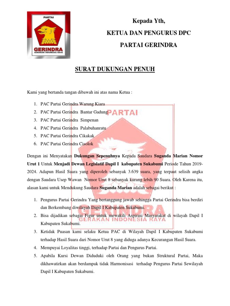 Surat Dukungan PAC Gerindra untuk Suganda | PDF