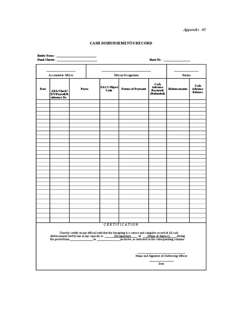 Cash Disbursements Record: Appendix 40 | PDF