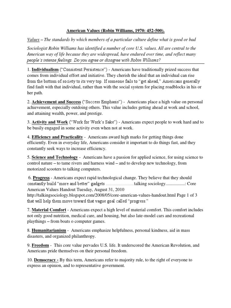 Core American Values by Robin Williams | PDF | Sociology | Culture Of ...