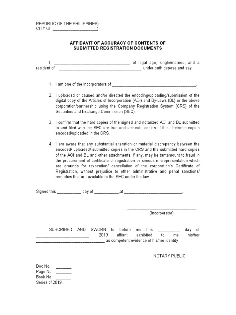 Affidavit of Accuracy of Contents of Submitted Registration Documents | PDF
