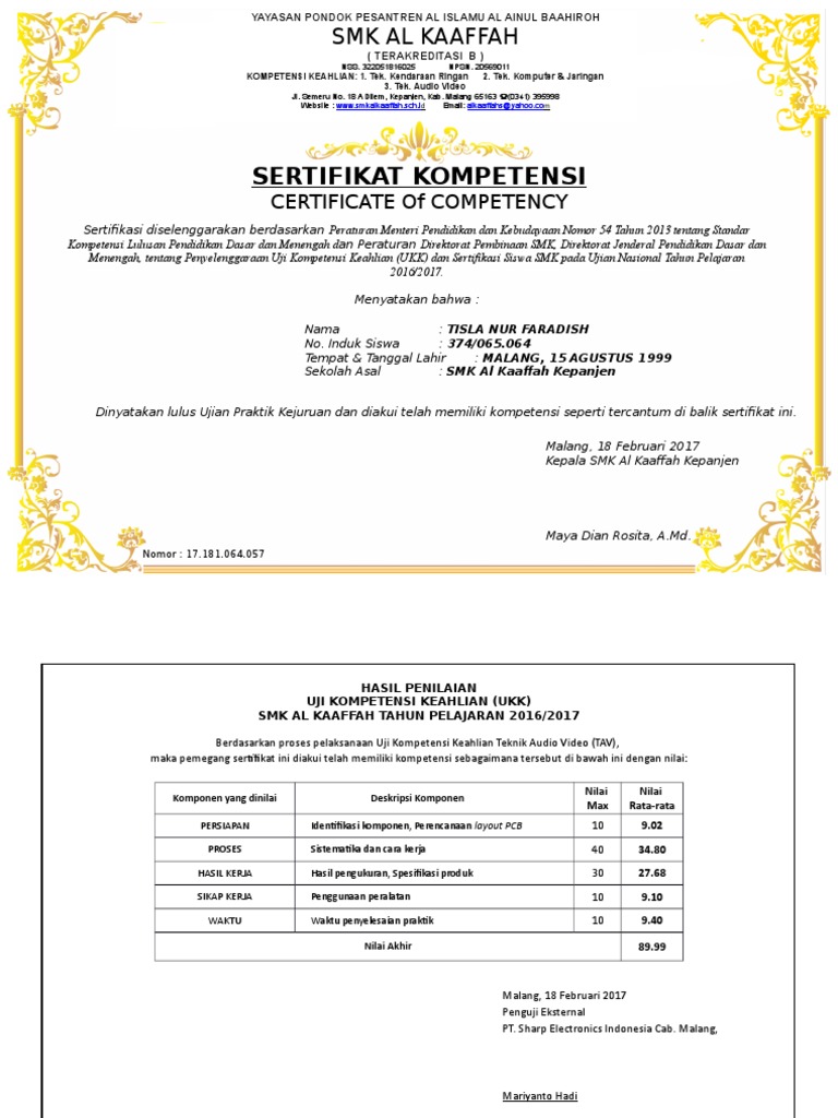 Contoh Sertifikat Ukk | PDF