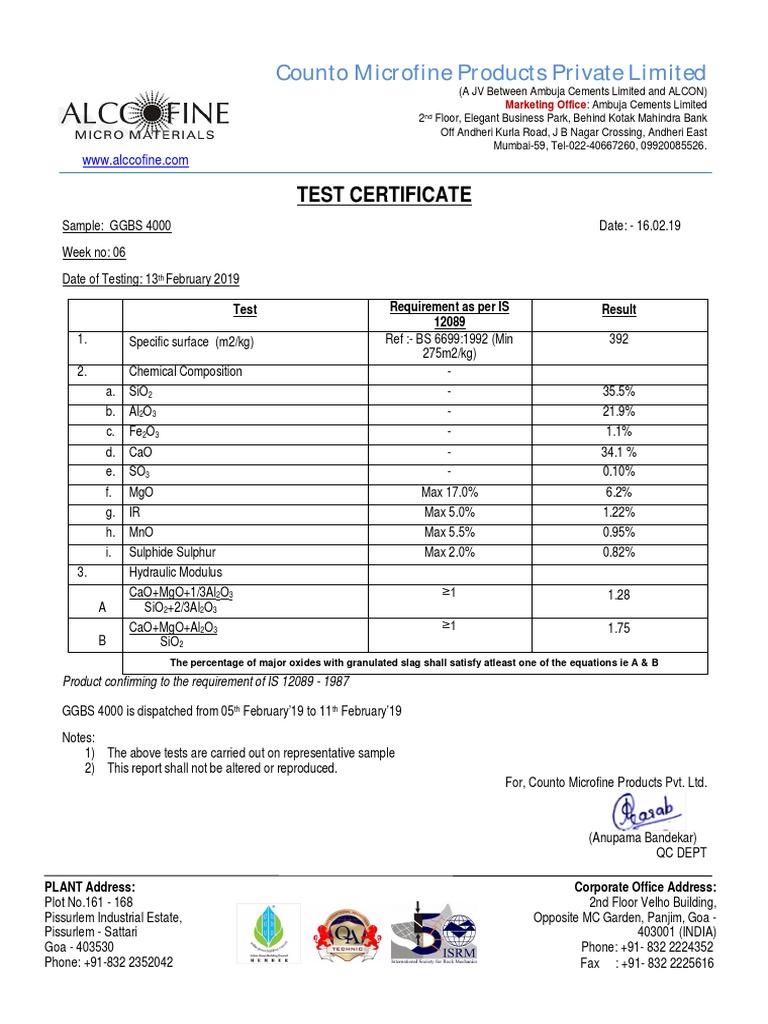 Test Certificate: Counto Microfine Products Private Limited | PDF ...