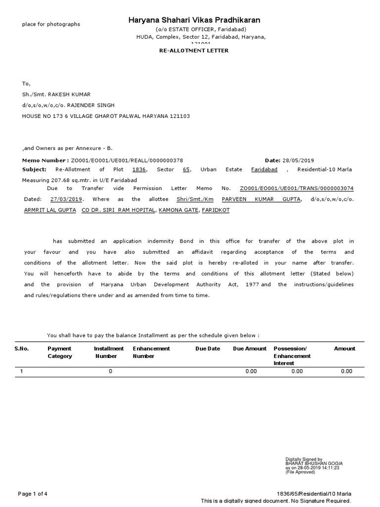 Haryana Shahari Vikas Pradhikaran: Re-Allotment Letter | PDF | Interest | Arbitral Tribunal