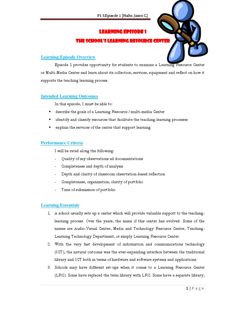 Learning Episode Overview: The School's Learning Resource Center | PDF ...