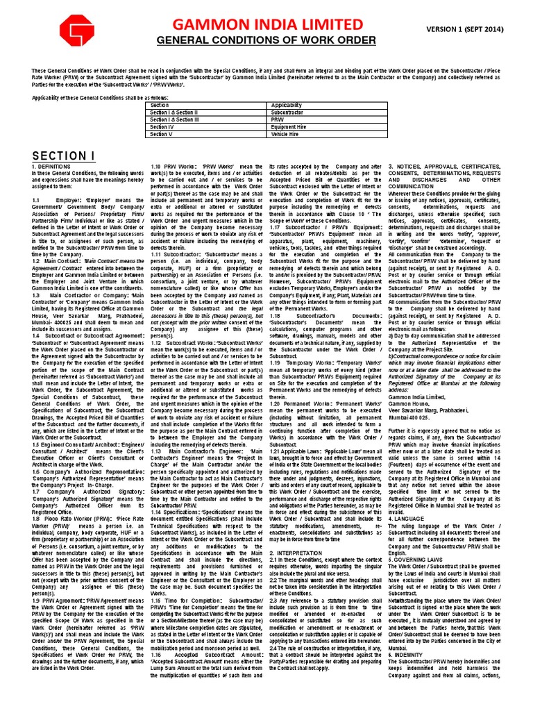 Gammon India Limited: Section I | PDF | Indemnity | Breach Of Contract