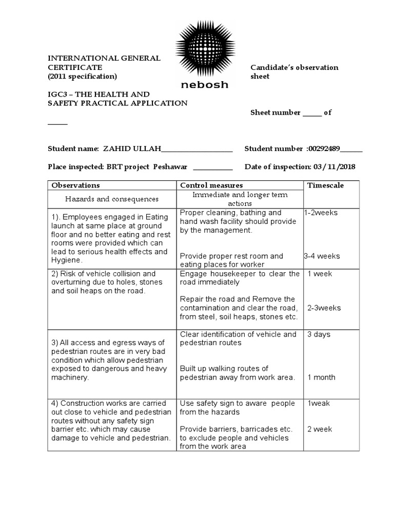 Zahid Uulah IGC3 Report NEBIOSH | PDF | Personal Protective Equipment ...