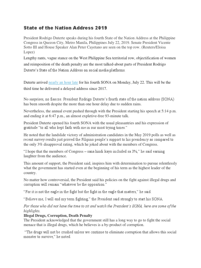 Duterte's 2019 State of the Nation Address | PDF | Rodrigo Duterte ...
