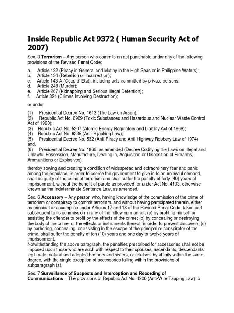 Inside Republic Act 9372 (Human Security Act of 2007) : Communications | PDF | Human Trafficking ...
