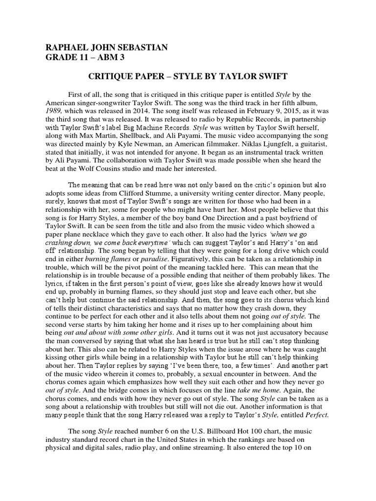 Critique of Taylor Swift's "Style" | PDF | Taylor Swift | Recorded Music