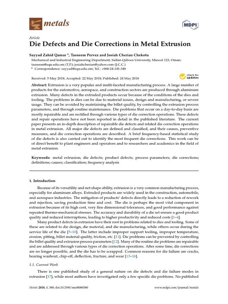Metals: Die Defects and Die Corrections in Metal Extrusion | PDF ...
