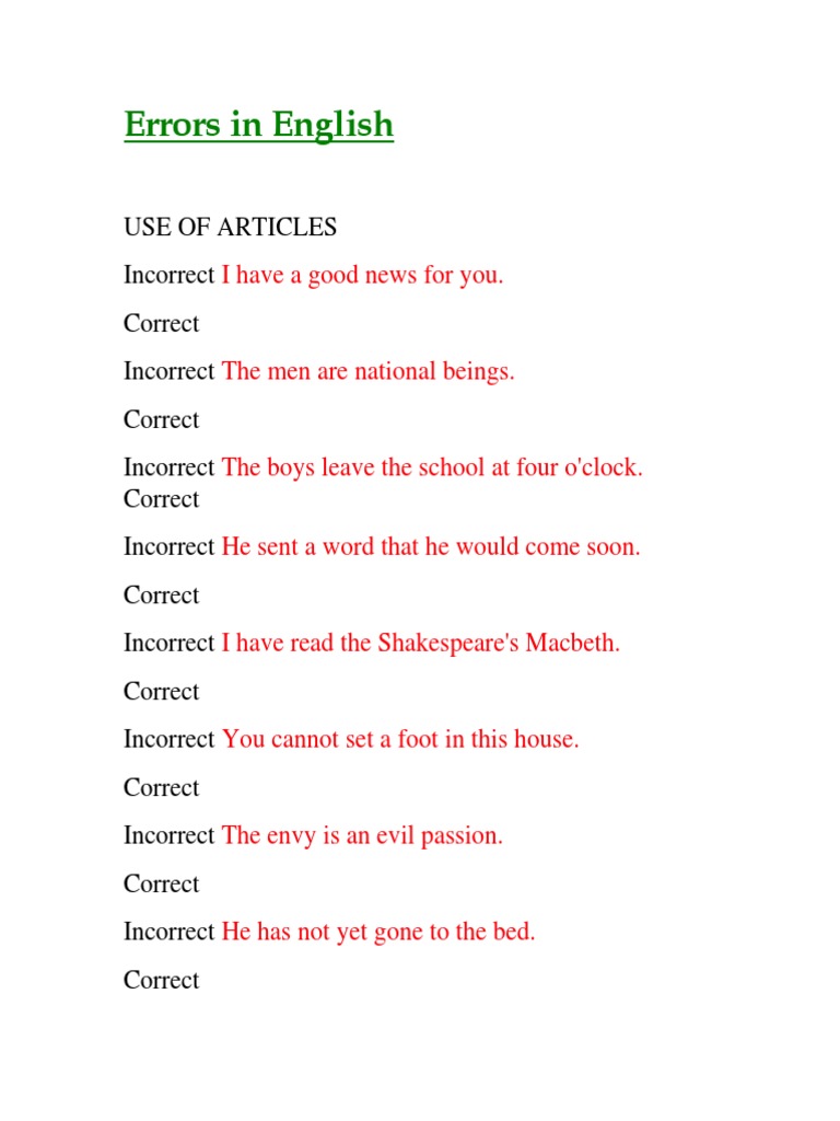 Errors in English | PDF | English Language | Morphology